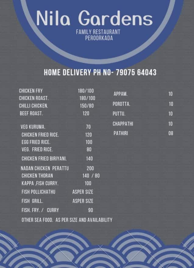 Menu of Nila Gardens Family Restaurant, Peroorkada, Trivandrum