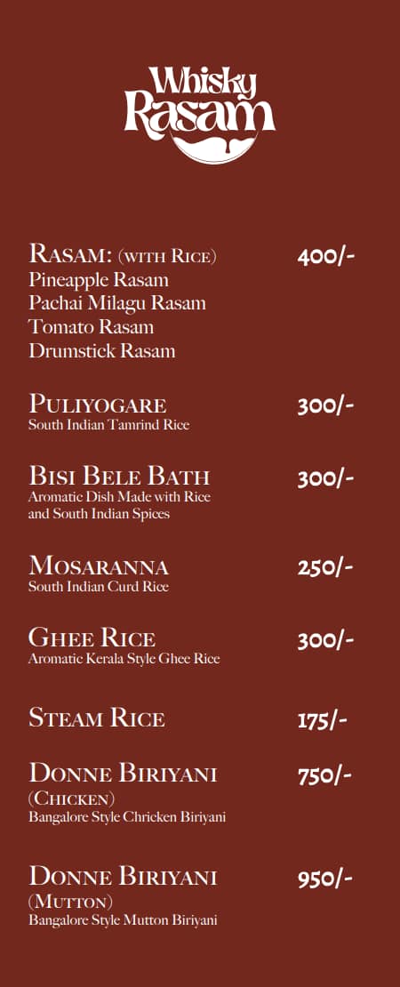 Menu of Whisky Rasam, Vagator, Goa