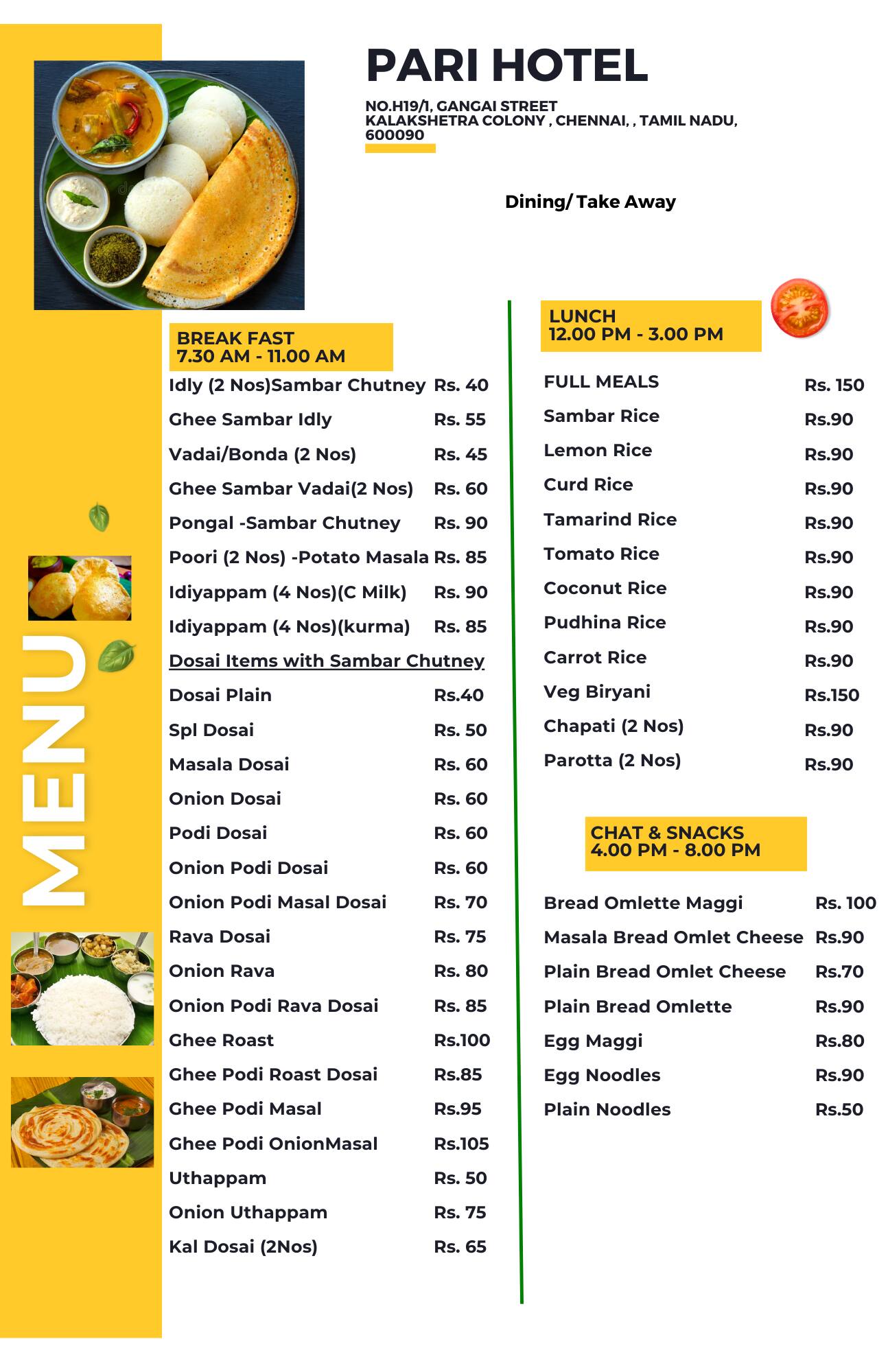 Menu of Pari Hotel, Thiruvanmiyur, Chennai
