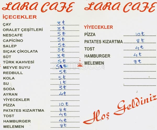 Menu at Lara 2 Türkü Evi, Istanbul