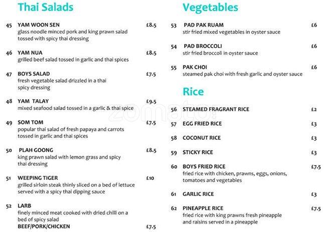 Menu at Boys Authentic Thai restaurant, London