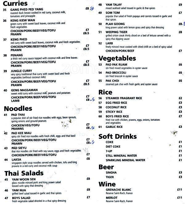 Menu at Boys Authentic Thai restaurant, London
