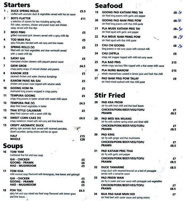 Menu at Boys Authentic Thai restaurant, London