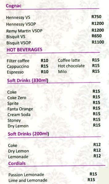 Menu at The Grandiose pub & bar, Sandton