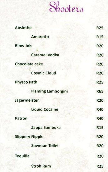 Menu at The Grandiose pub & bar, Sandton
