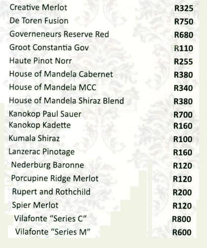 Menu at The Grandiose pub & bar, Sandton
