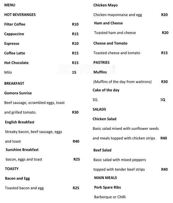 Menu at The Grandiose pub & bar, Sandton