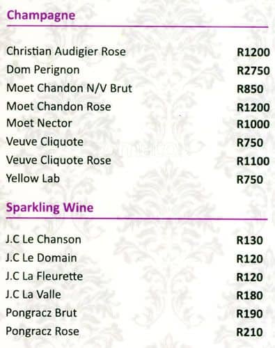 Menu at The Grandiose pub & bar, Sandton