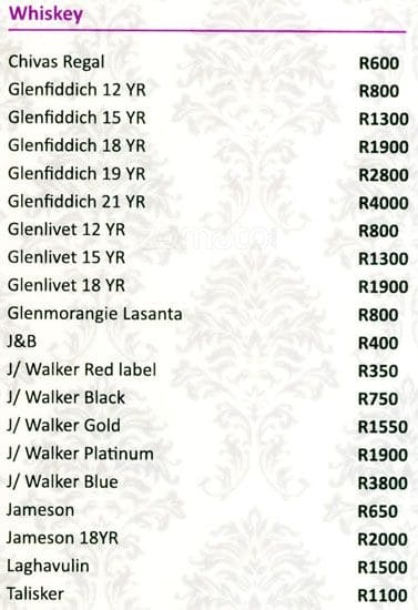 Menu at The Grandiose pub & bar, Sandton