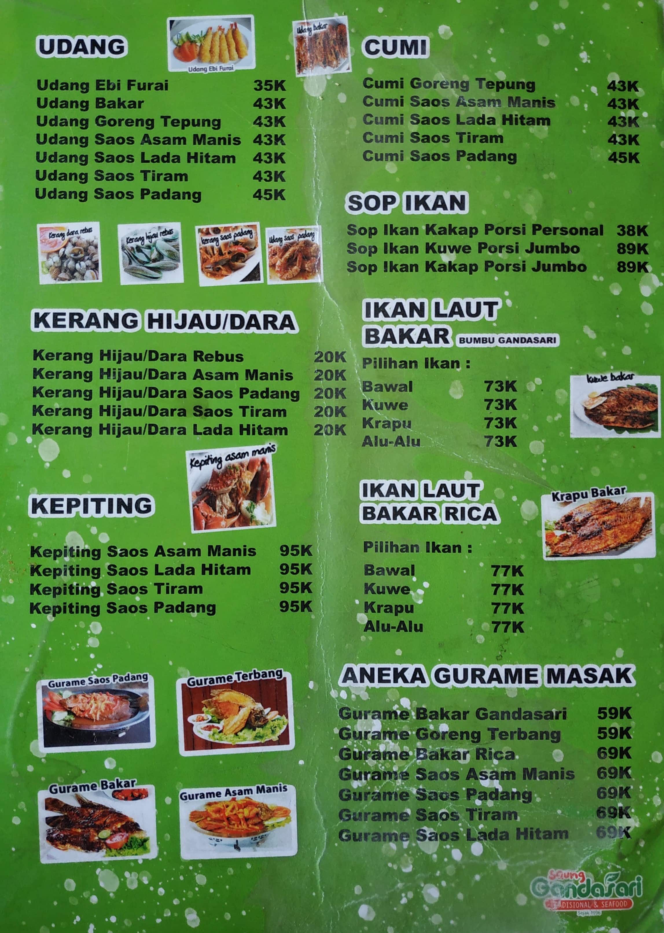 Menu at IKAN BAKAR Gandasari restaurant, North Jakarta