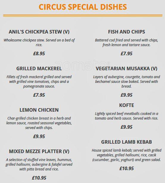 Menu at Circus Cafe Bistro, Edinburgh