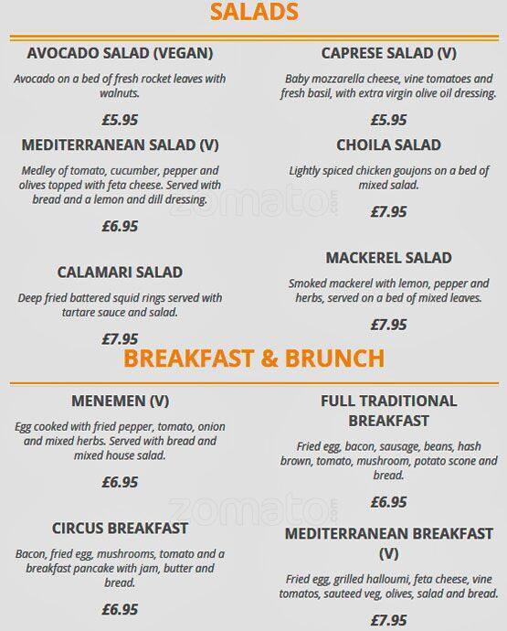 Menu at Circus Cafe Bistro, Edinburgh