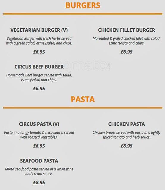 Menu at Circus Cafe Bistro, Edinburgh