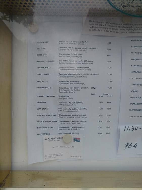 Menu at A Carvoaria steakhouse, Cascais