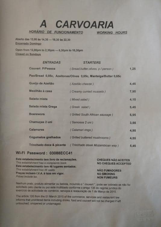 Menu at A Carvoaria steakhouse, Cascais