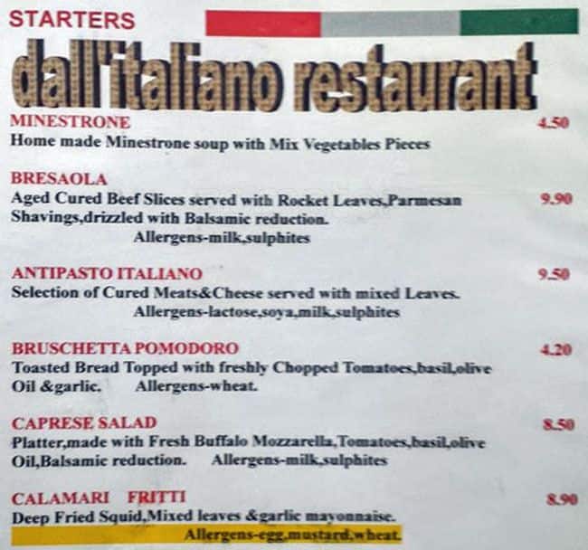 Menu at Dall'Italiano Restaurant Glasnevin, Dublin