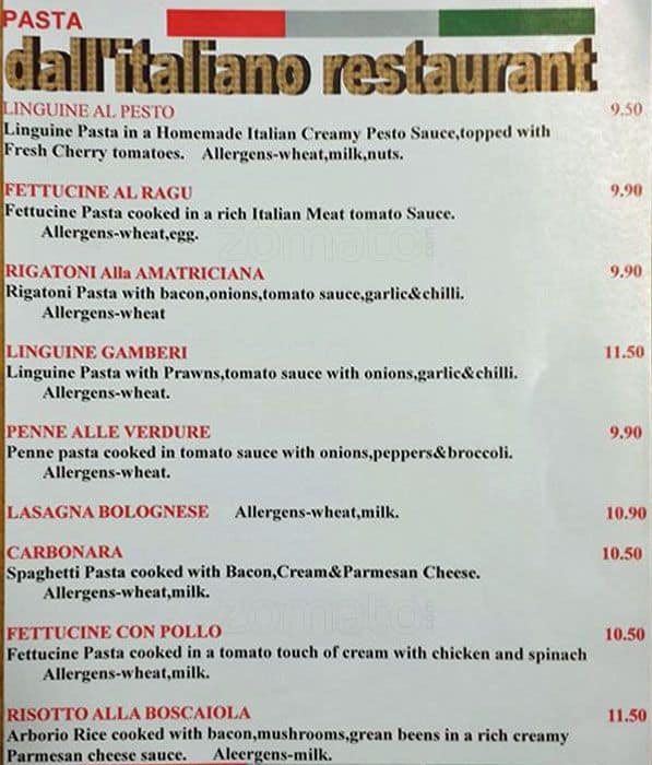 Menu at Dall'Italiano Restaurant Glasnevin, Dublin