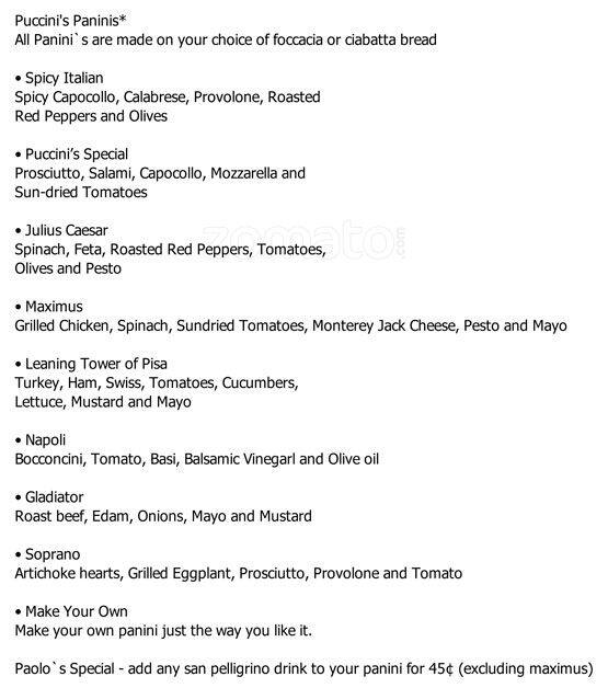 Menu at Puccini's Deli, North Vancouver