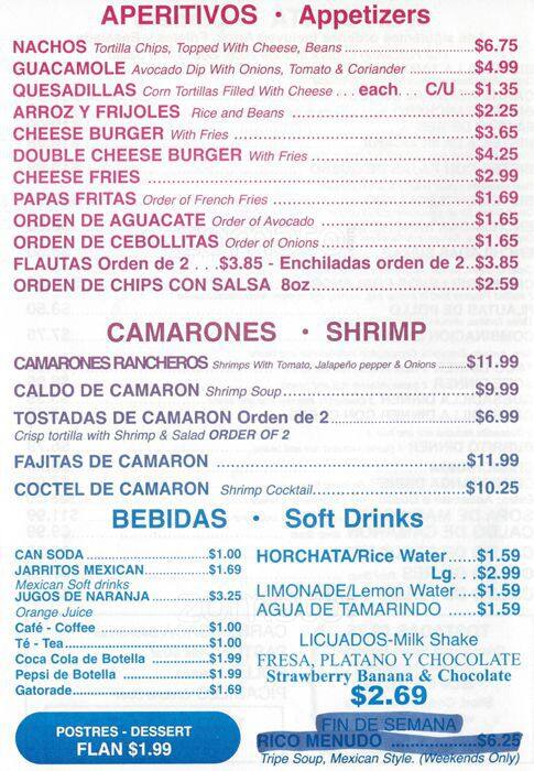 Menu at La Perla Tapatia restaurant, Chicago, W North Ave