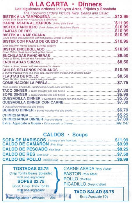 Menu at La Perla Tapatia restaurant, Chicago, W North Ave
