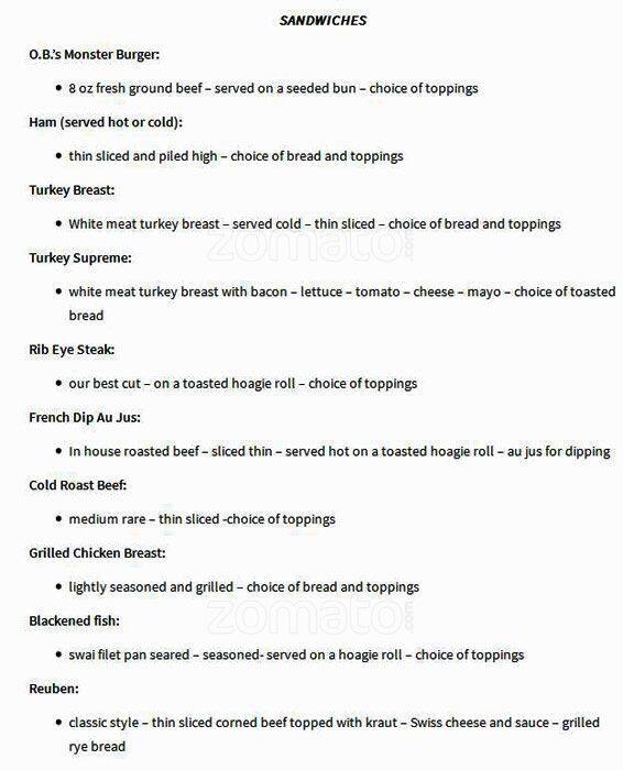 Menu at OB's Restaurant & Lounge, DeLand