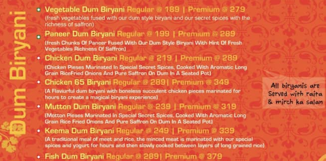 Menu of Biryani Mahal, Crossing Republik, Ghaziabad