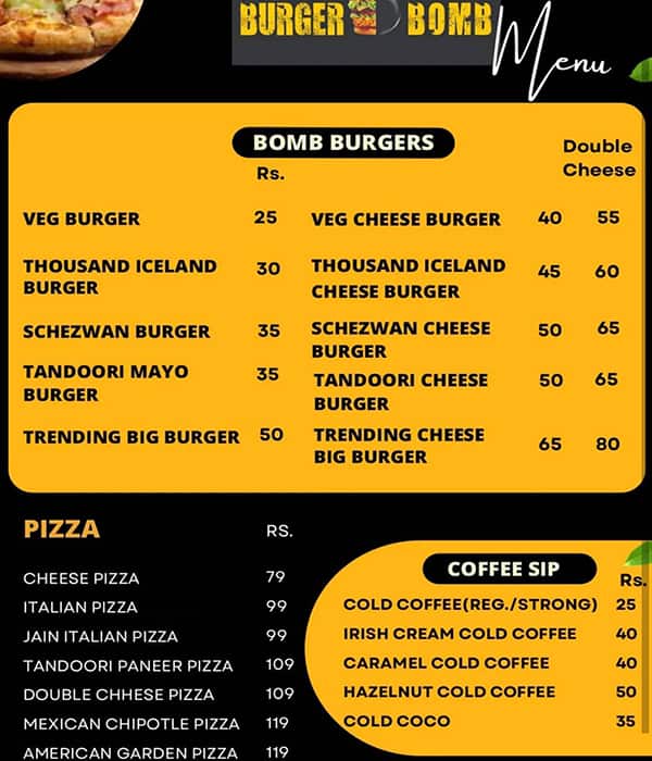 Menu of Burger Bomb, Sayajipura, Vadodara