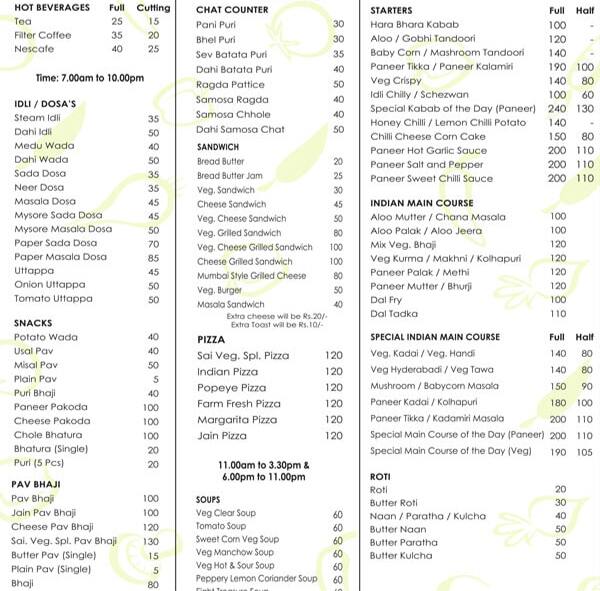Menu at Sai Veg World, Mumbai, Nilgiri Building Gr Floor