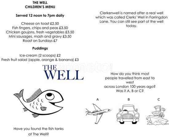 Menu at The Well pub & bar, London, Compton St