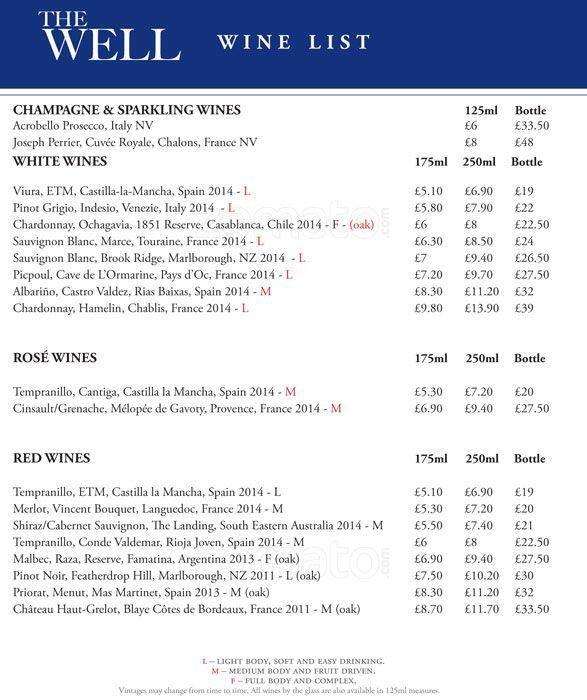 Menu at The Well pub & bar, London, Compton St