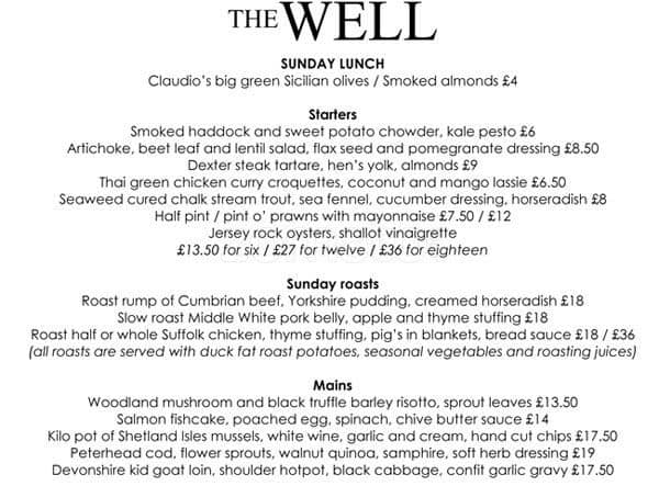 Menu at The Well pub & bar, London, Compton St