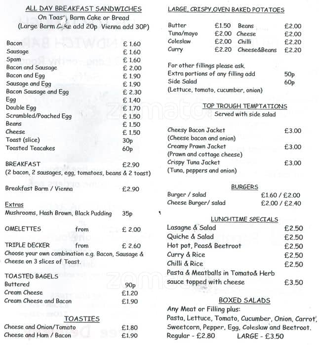 Menu at The Top Trough fast food, Salford