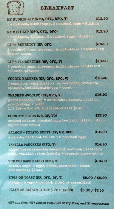 Menu at Lip Cafe., Ivanhoe