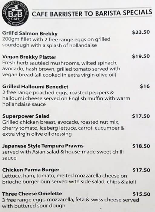 Menu at Cafe B2B Barrister To Barista By Jaffa, Werribee