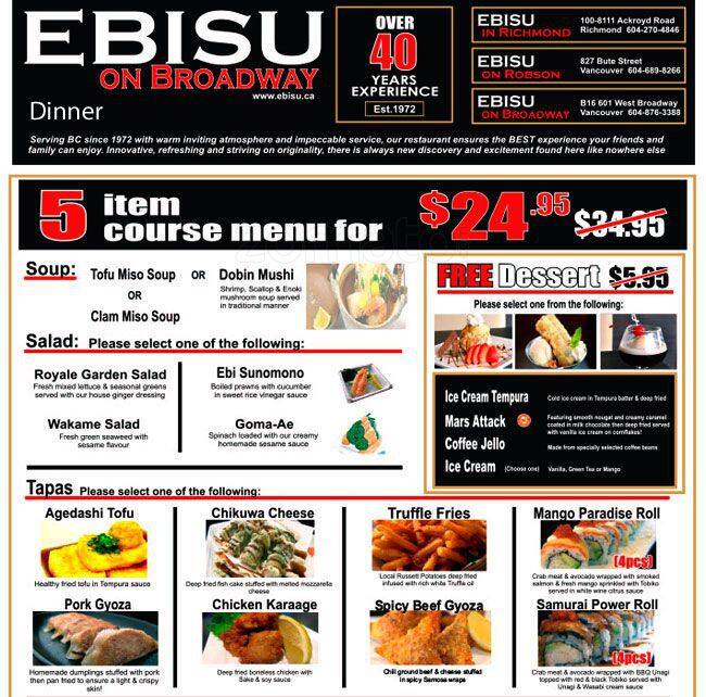 Menu at Ebisu restaurant, Vancouver, 601 W Broadway