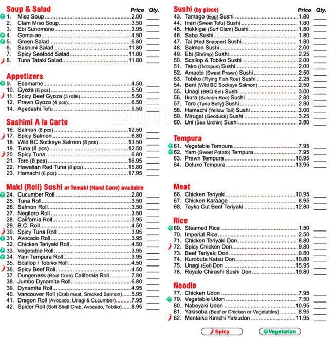 Menu at Ebisu restaurant, Vancouver, 601 W Broadway