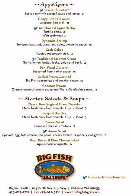 Menu at Big Fish Grill restaurant, Kirkland, Northup Way