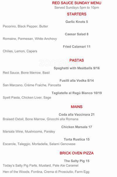 Menu at The Salty Pig pizzeria, Boston