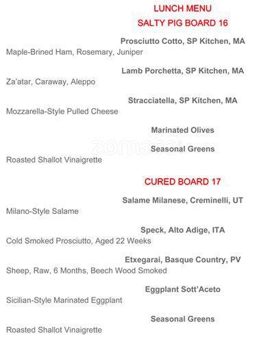 Menu at The Salty Pig pizzeria, Boston