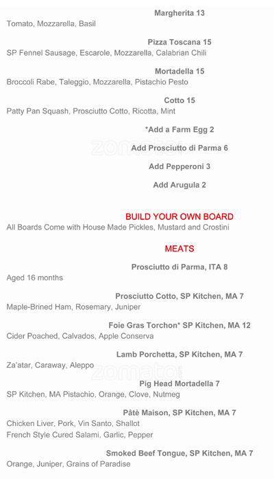 Menu at The Salty Pig pizzeria, Boston