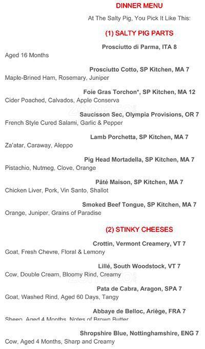 Menu at The Salty Pig pizzeria, Boston