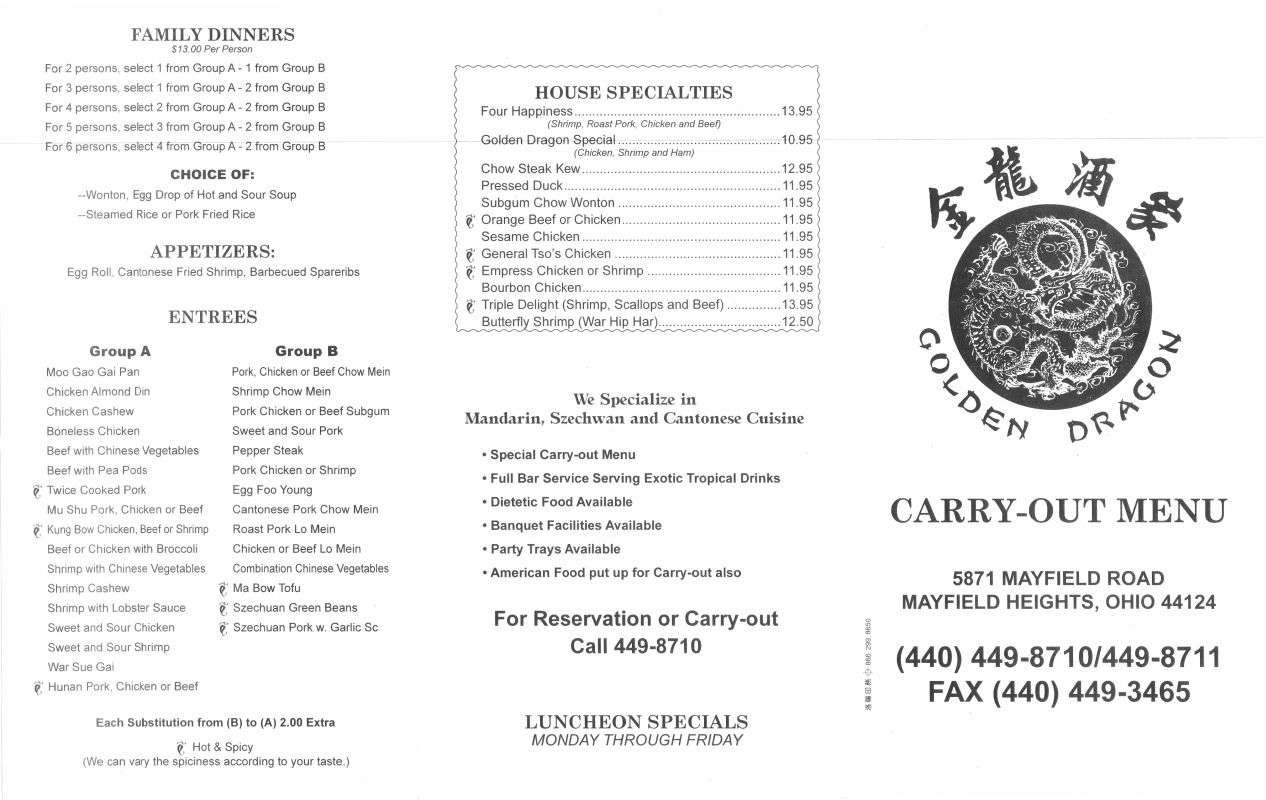 Menu at Golden Dragon Restaurant, Cleveland, Mayfield Rd