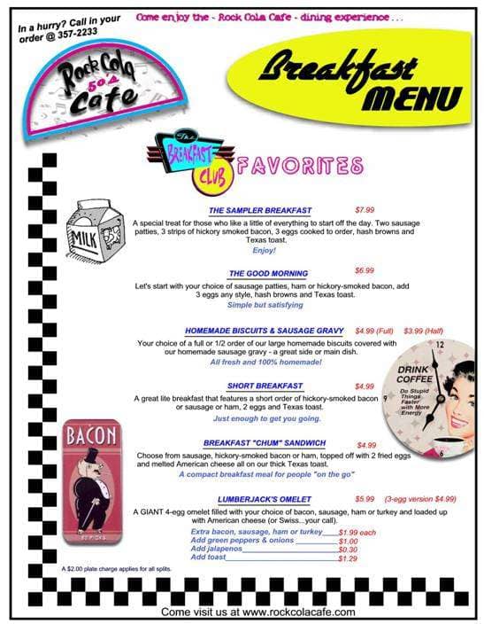 Menu at Rock-Cola 50's Cafe, Indianapolis
