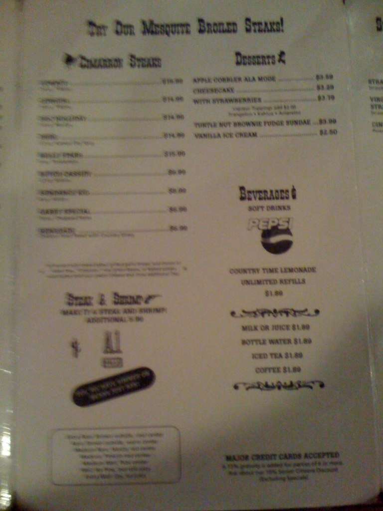 Menu at Cimarron Steak House steakhouse, Oklahoma City