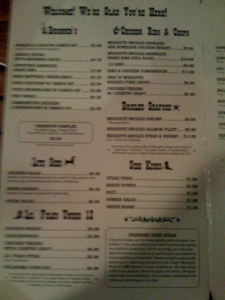 Menu at Cimarron Steak House steakhouse, Oklahoma City
