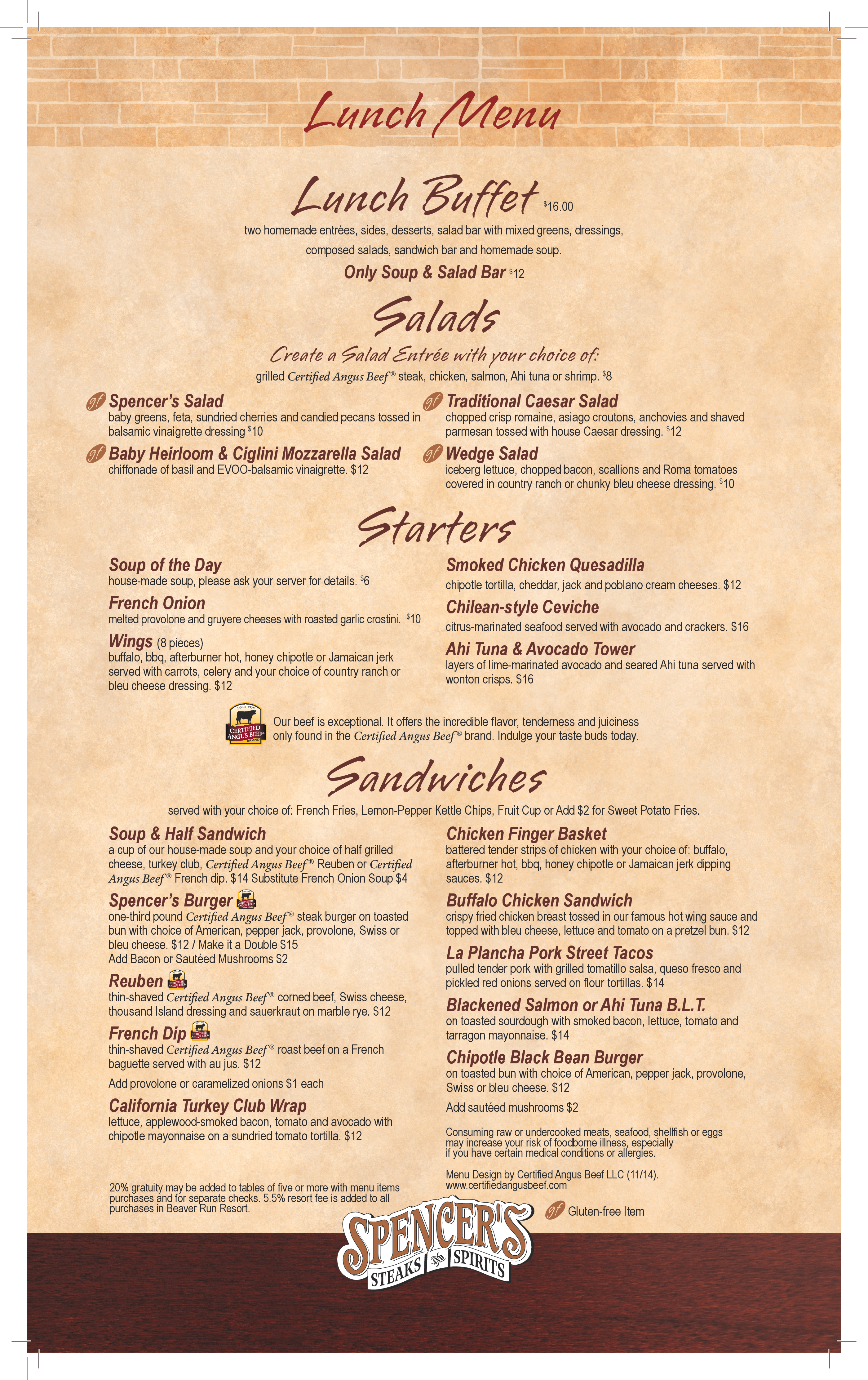 Menu at Spencer's Restaurant, Breckenridge