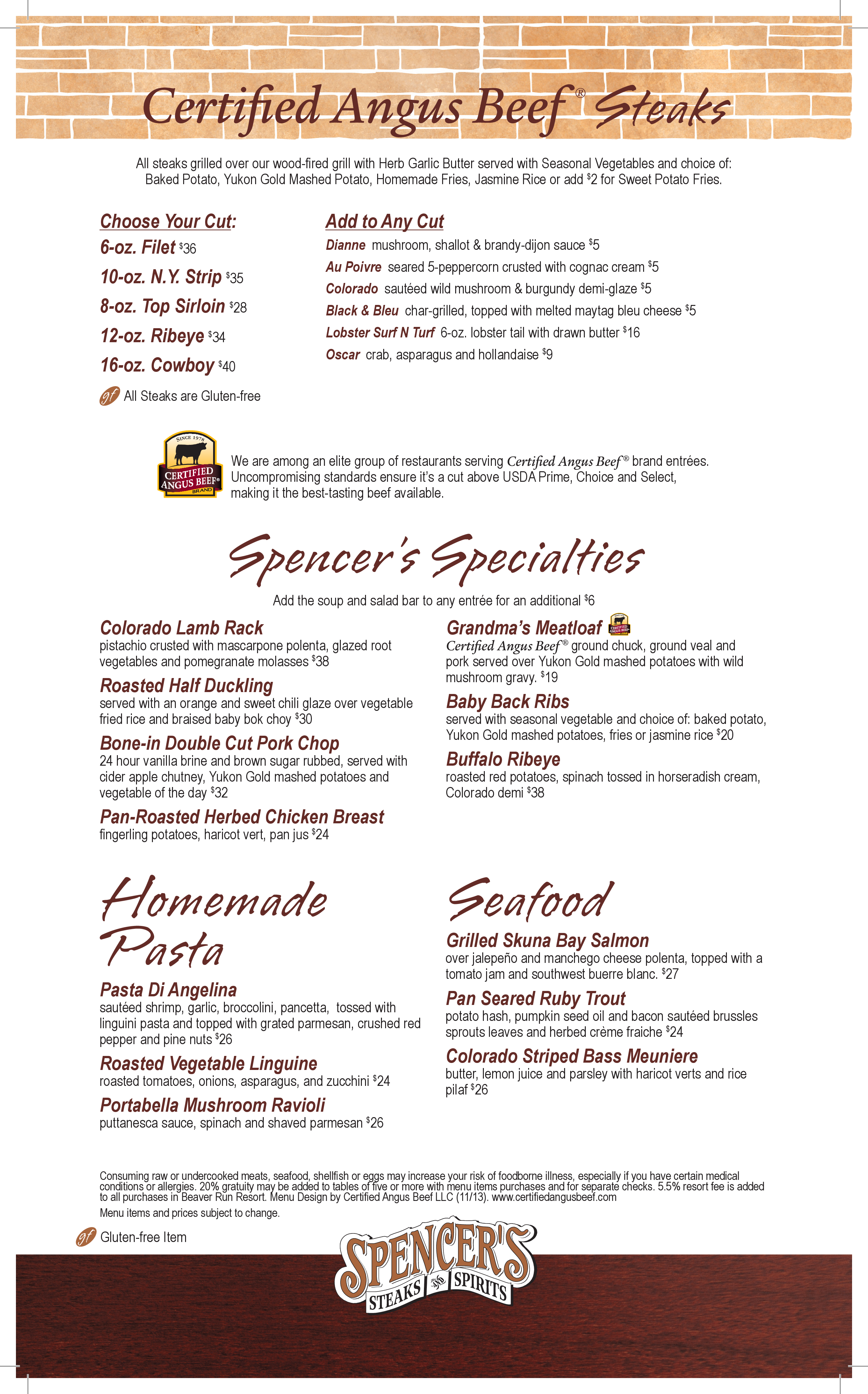 Menu at Spencer's Restaurant, Breckenridge