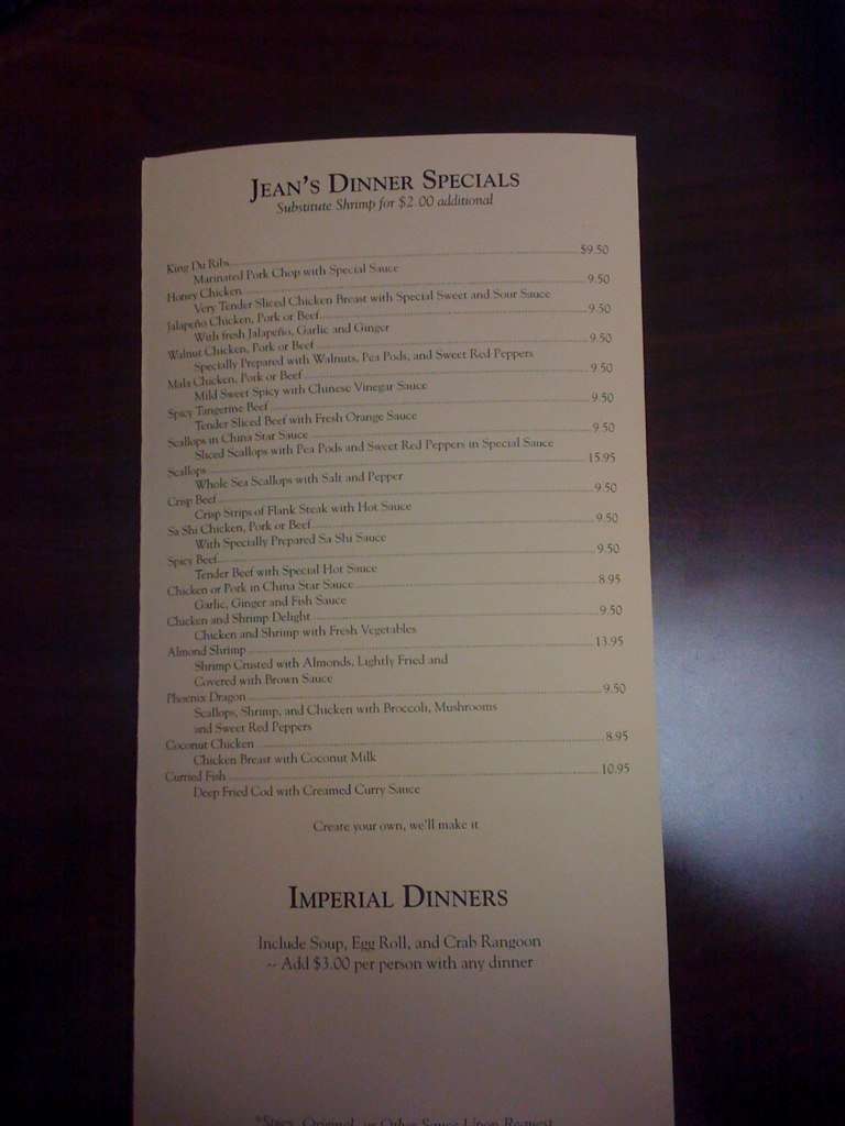 Menu at J.W. Chen's restaurant, South Bend