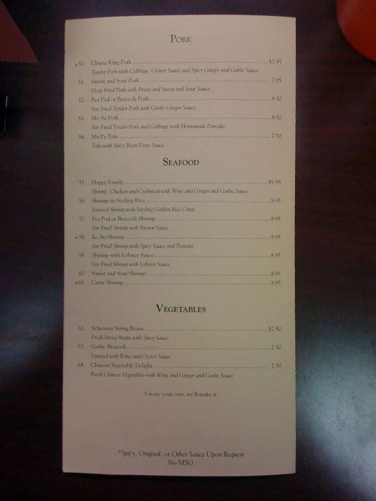 Menu at J.W. Chen's restaurant, South Bend