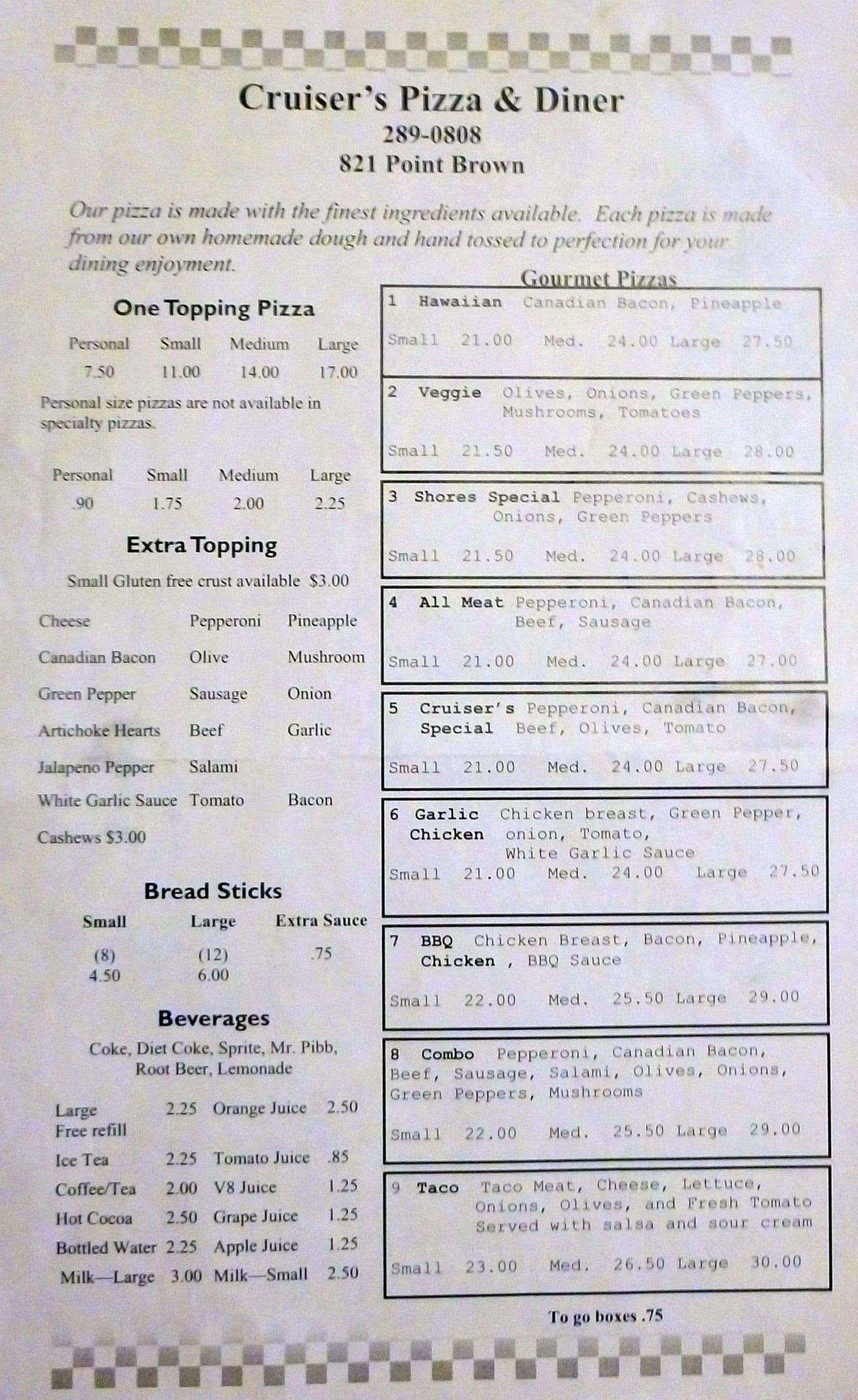 Carta de pizzería Cruisers Pizza and Diner, Ocean Shores, 821 Point ...